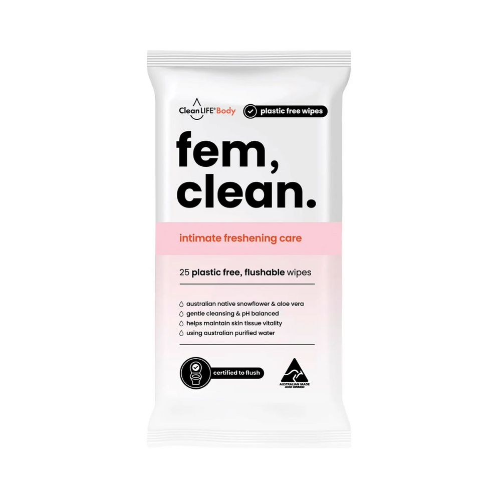 CleanLIFE Fem Clean Intimate Flushable Plastic Free Wipes 25 Pack ...